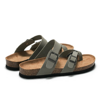 Women's customized printing solid color cork insoles slide beach sandal adjustable buckle double strap flat summer women slipper