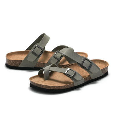 Women's customized printing solid color cork insoles slide beach sandal adjustable buckle double strap flat summer women slipper