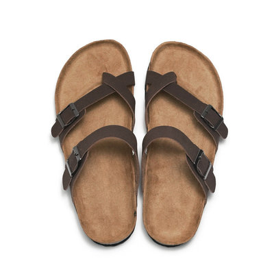 Women's customized printing solid color cork insoles slide beach sandal adjustable buckle double strap flat summer women slipper