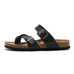 Women's customized printing solid color cork insoles slide beach sandal adjustable buckle double strap flat summer women slipper