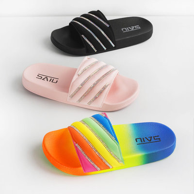 Fashion new women rainbow rhinestone upper slippers hot selling tie dye ladies colorful flat sandals in summer