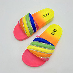 Fashion new women rainbow rhinestone upper slippers hot selling tie dye ladies colorful flat sandals in summer