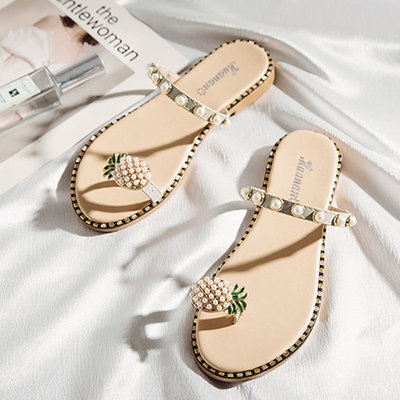 Wholesale Flat Casual Beach Shoes Ladies soft sole fashion Pineapple Pearl Sandals for women with High quality
