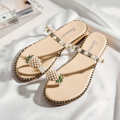 Wholesale Flat Casual Beach Shoes Ladies soft sole fashion Pineapple Pearl Sandals for women with High quality