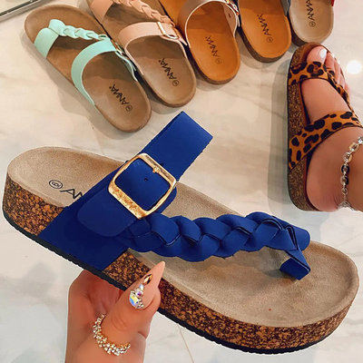 Factory supply New Style Slippers Pu Leather Buckle wholesale Cork women flat sandals with High quality eva rubber sole