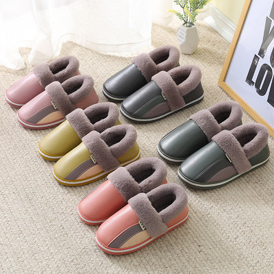 Slippers women winter all-inclusive heel non-slip couple warm waterproof PU leather home indoor shoes for men