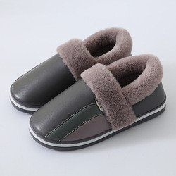 Slippers women winter all-inclusive heel non-slip couple warm waterproof PU leather home indoor shoes for men