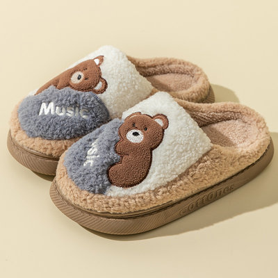 Wholesale new design ladies thick-soled cute bear house shoes couple warm soft plush slippers winter