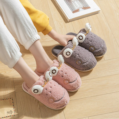 Cartoon Slippers Women Cute Frog Home Indoor Couple Style Plush Warm Anti-Slip Thick Bottom Winter House Shoes Men