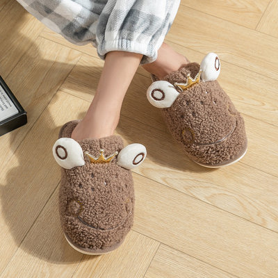 Cartoon Slippers Women Cute Frog Home Indoor Couple Style Plush Warm Anti-Slip Thick Bottom Winter House Shoes Men