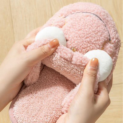Cartoon Slippers Women Cute Frog Home Indoor Couple Style Plush Warm Anti-Slip Thick Bottom Winter House Shoes Men