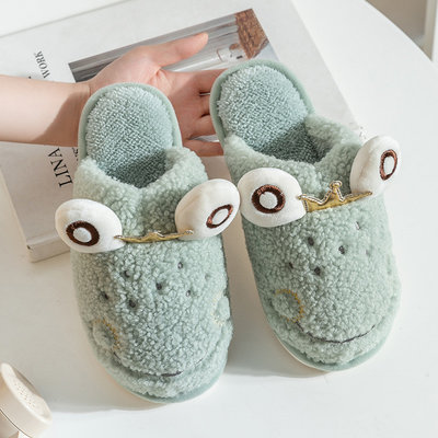 Cartoon Slippers Women Cute Frog Home Indoor Couple Style Plush Warm Anti-Slip Thick Bottom Winter House Shoes Men