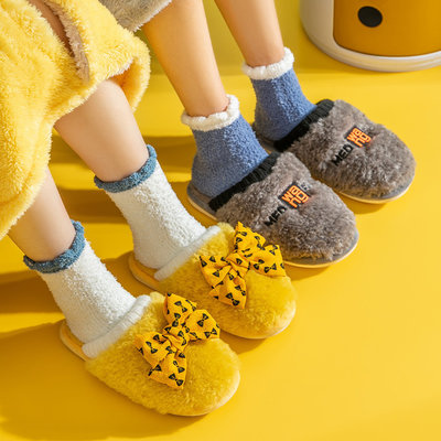 Fashion Bow Plush Slippers Women Winter Warm Thick Bottom Anti-Slip Soft Bottom Couple Style House Indoor Men