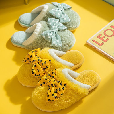 Fashion Bow Plush Slippers Women Winter Warm Thick Bottom Anti-Slip Soft Bottom Couple Style House Indoor Men