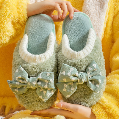 Fashion Bow Plush Slippers Women Winter Warm Thick Bottom Anti-Slip Soft Bottom Couple Style House Indoor Men