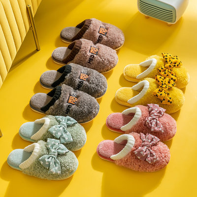 Fashion Bow Plush Slippers Women Winter Warm Thick Bottom Anti-Slip Soft Bottom Couple Style House Indoor Men