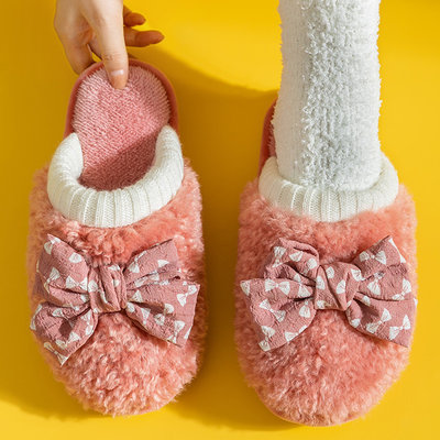 Fashion Bow Plush Slippers Women Winter Warm Thick Bottom Anti-Slip Soft Bottom Couple Style House Indoor Men