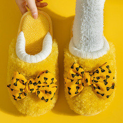 Fashion Bow Plush Slippers Women Winter Warm Thick Bottom Anti-Slip Soft Bottom Couple Style House Indoor Men