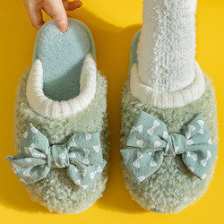 Fashion Bow Plush Slippers Women Winter Warm Thick Bottom Anti-Slip Soft Bottom Couple Style House Indoor Men