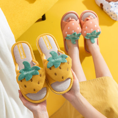 Linen Fabric Slippers Women Autumn Winter Home Couple Cartoon Cute Fruit Indoor Non-Slip House Men Spring Summer