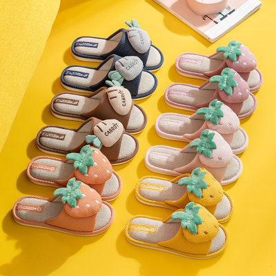 Linen Fabric Slippers Women Autumn Winter Home Couple Cartoon Cute Fruit Indoor Non-Slip House Men Spring Summer