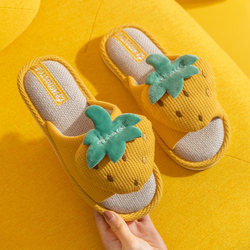 Linen Fabric Slippers Women Autumn Winter Home Couple Cartoon Cute Fruit Indoor Non-Slip House Men Spring Summer