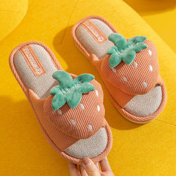 Linen Fabric Slippers Women Autumn Winter Home Couple Cartoon Cute Fruit Indoor Non-Slip House Men Spring Summer