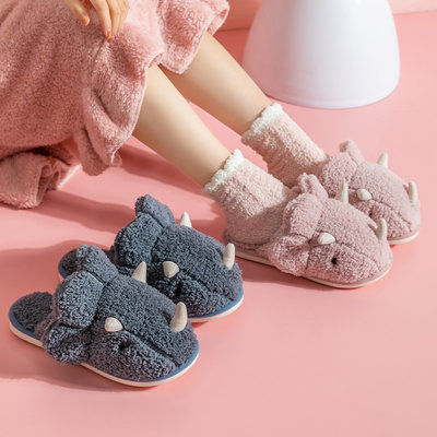 Cartoon Triceratops Slippers Winter Couple Style Indoor Plush Warm Soft Bottom Home Indoor women closed shoes