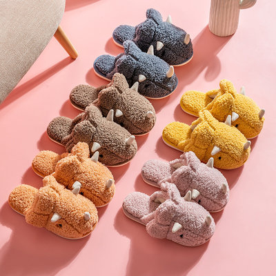 Cartoon Triceratops Slippers Winter Couple Style Indoor Plush Warm Soft Bottom Home Indoor women closed shoes