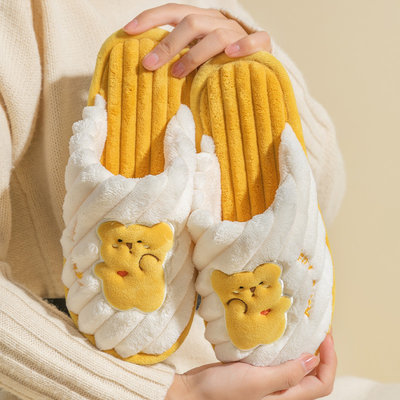 Fashion Trend custom cute cartoon bear shape women winter slippers delicate plush cheap bedroom shoes with best price