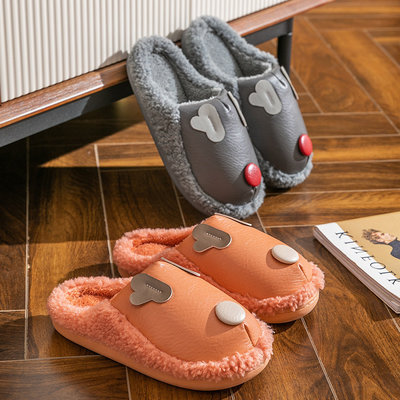 Women autumn winter 2021 new design waterproof PU vamp household shoes warm delicate plush lining couple slippers