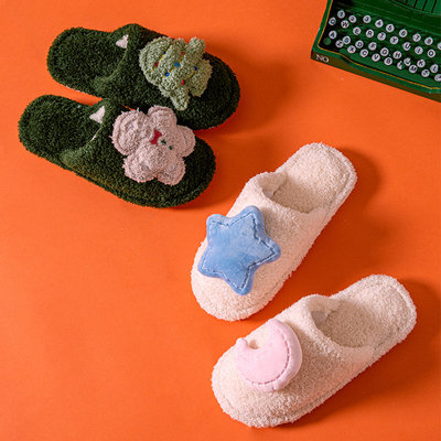 Winter Christmas Home Indoor Slippers Cartoon Cute Plush Warm Non-Slip House Shoes Pinecone Moon Star ladies closed shoes