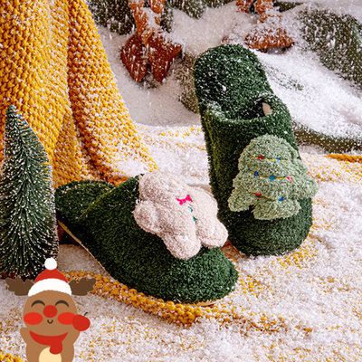 Winter Christmas Home Indoor Slippers Cartoon Cute Plush Warm Non-Slip House Shoes Pinecone Moon Star ladies closed shoes
