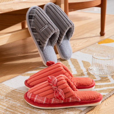 New Design Simple Style Couple Cute Bow Home Indoor Slippers Women Plush Warm Men Comfort Non-Slip home Shoes