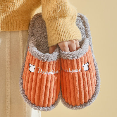 Couple winter embroidery Slippers Women Comfort velvetThermal Hard-Wearing Corduroy upper Home indoor Shoes