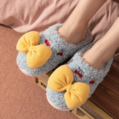 Wholesale Bowknot Men and Women Home Plush Slipper Winter Warm PVC House Indoor Slipper in stock