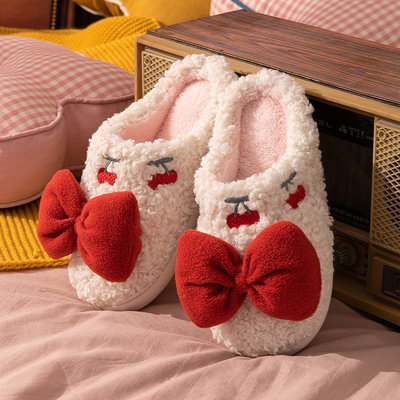 Wholesale Bowknot Men and Women Home Plush Slipper Winter Warm PVC House Indoor Slipper in stock
