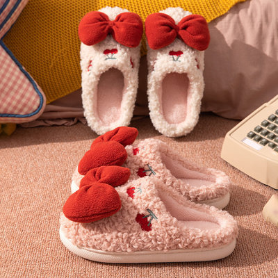 Wholesale Bowknot Men and Women Home Plush Slipper Winter Warm PVC House Indoor Slipper in stock