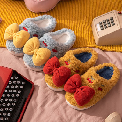 Wholesale Bowknot Men and Women Home Plush Slipper Winter Warm PVC House Indoor Slipper in stock