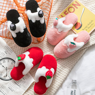 Wholesale Custom Women Cartoon warm Home Indoor Slippers Cartoon Cute Fruit Shape Thick Bottom Anti-slip Female Shoes faux fur