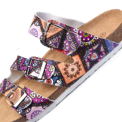Women Slip-on open toe Flat sole Shoe couple beach Sandals Casual three Buckle printed Summer colorful  Cork Slippers