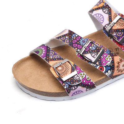 Women Slip-on open toe Flat sole Shoe couple beach Sandals Casual three Buckle printed Summer colorful  Cork Slippers