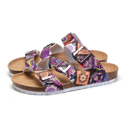 2021 summer Cork Casual Flat Slippers three Buckle Printed beach sandal Candy Color Flat Heel home Slippers