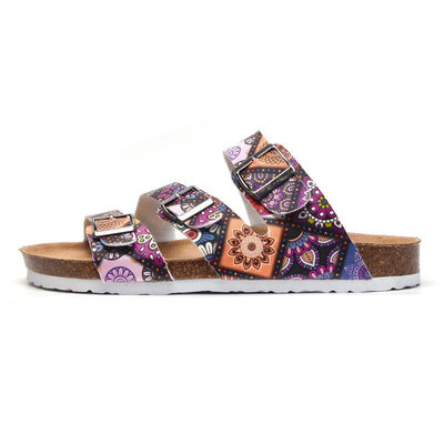 2021 summer Cork Casual Flat Slippers three Buckle Printed beach sandal Candy Color Flat Heel home Slippers