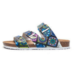 2021 summer Cork Casual Flat Slippers three Buckle Printed beach sandal Candy Color Flat Heel home Slippers
