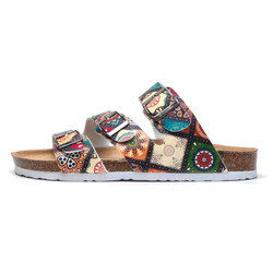 2021 summer Cork Casual Flat Slippers three Buckle Printed beach sandal Candy Color Flat Heel home Slippers
