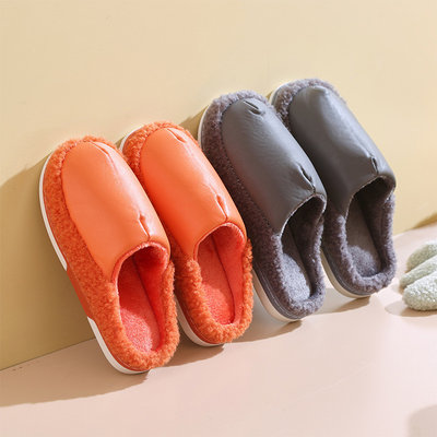 2021 New Design Simple PU leather Couple Slippers Winter Warm Waterproof Hard-Wearing Female Home indoor Shoes