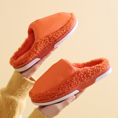 2021 New Design Simple PU leather Couple Slippers Winter Warm Waterproof Hard-Wearing Female Home indoor Shoes