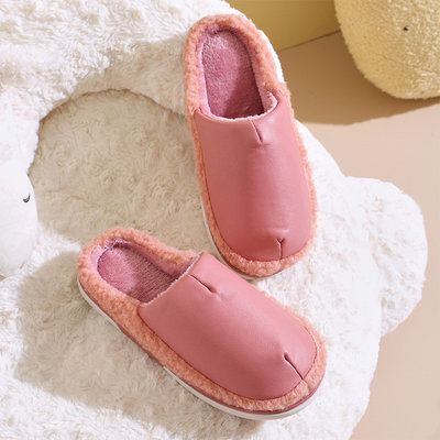 2021 New Design Simple PU leather Couple Slippers Winter Warm Waterproof Hard-Wearing Female Home indoor Shoes