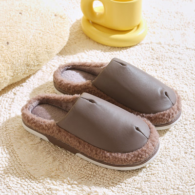 2021 New Design Simple PU leather Couple Slippers Winter Warm Waterproof Hard-Wearing Female Home indoor Shoes